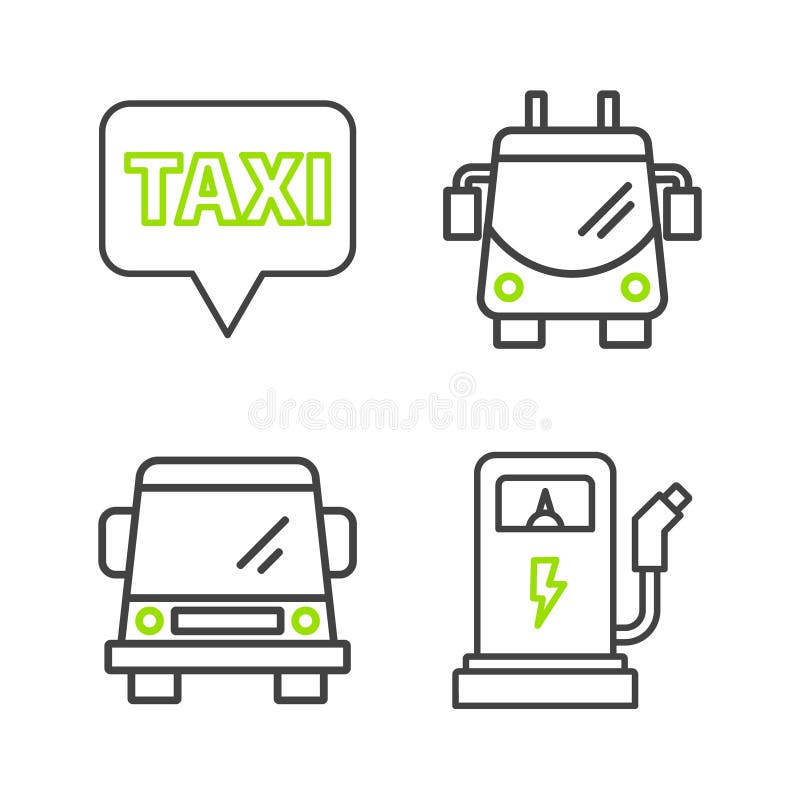 Set Line Electric Car Charging Station, Car, Trolleybus and Map Pointer ... Set Line Electric Car Charging Station, Car, Trolleybus and Map Pointer ...