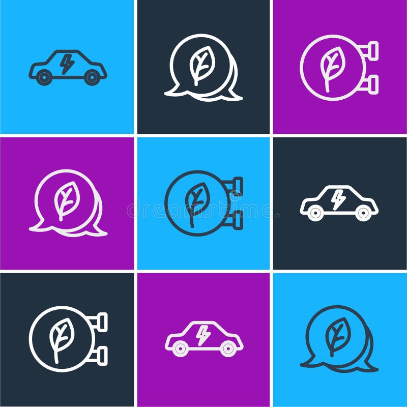 Set Line Electric Car, Eco Shop and Leaf Symbol Icon. Vector Stock ...