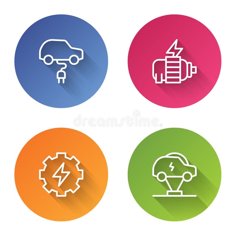 Set Line Electric Car, Motor, Gear and Lightning and . Color Circle ...