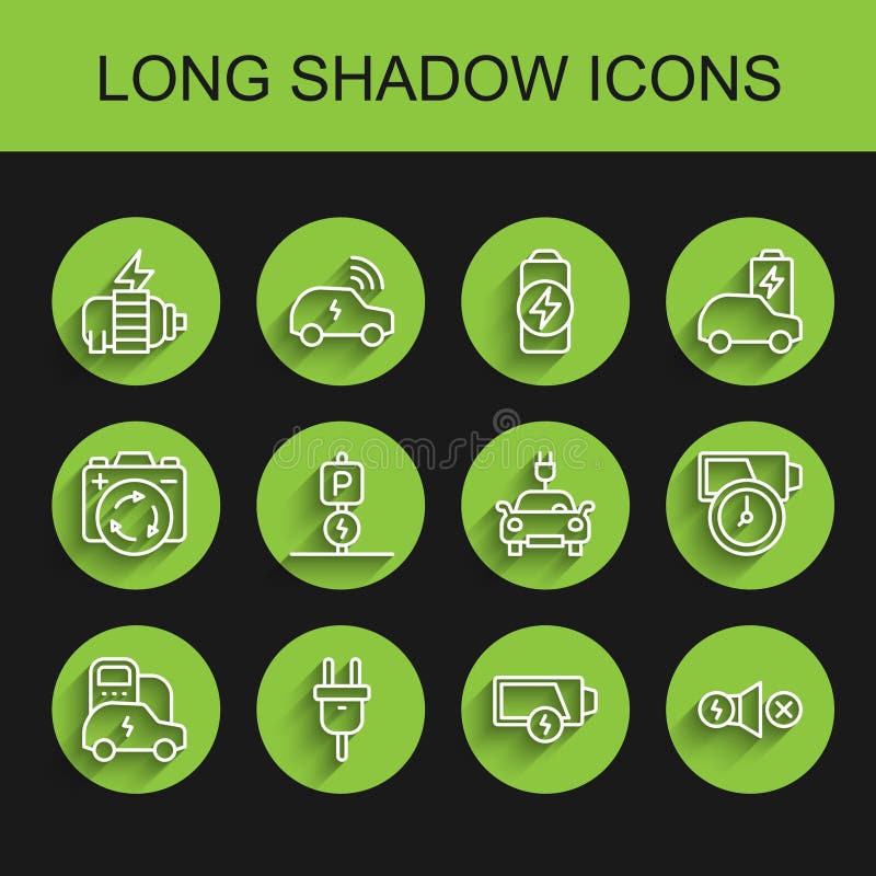 Set Line Electric Car, Plug, Motor, Low Battery, Charging Parking ...