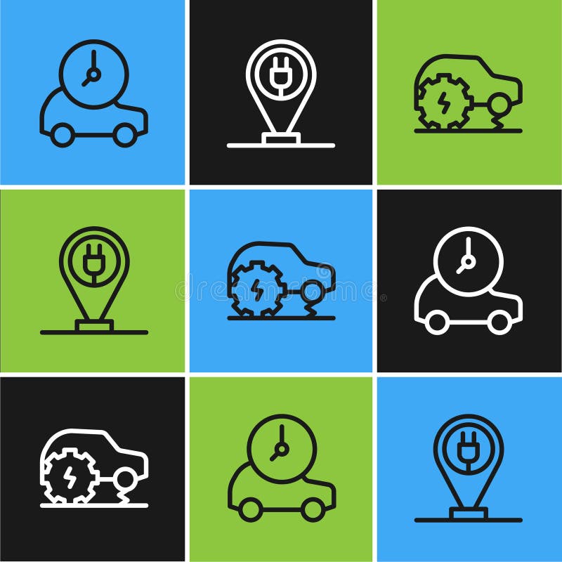 Set Line Electric Car, Service and Charging Parking Electric Icon ...