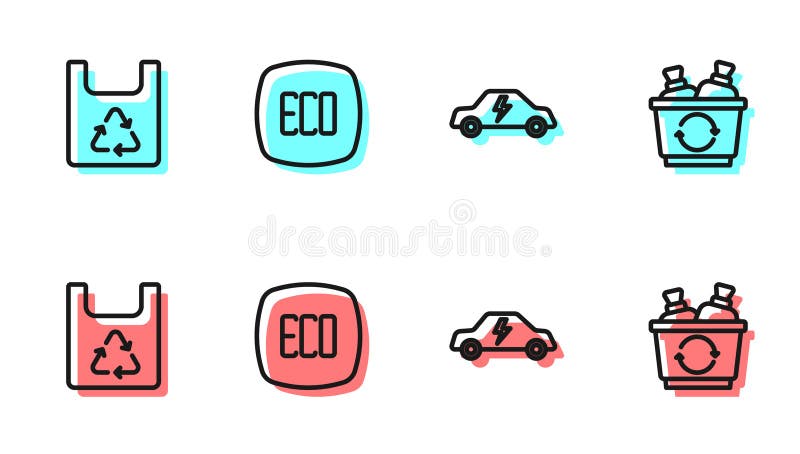 Set Line Electric Car, Shopping Bag with Recycle, Leaf Eco Symbol and ... Set Line Electric Car, Shopping Bag with Recycle, Leaf Eco Symbol and ...