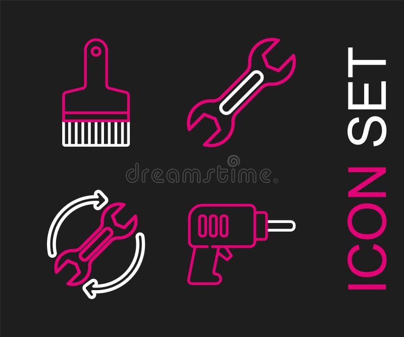 Set Line Electric Drill Machine, Wrench and Arrows As Workflow, Spanner ...