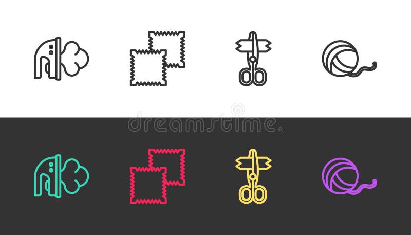 Set Line Electric Iron, Textile Fabric Roll, Scissors and Yarn Ball on ...