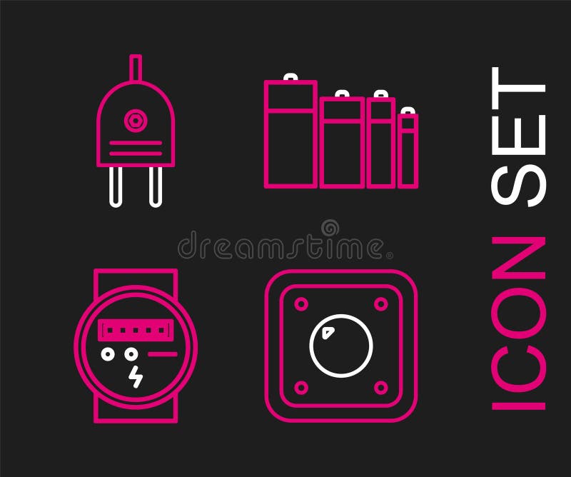 Set Line Electric Light Switch, Meter, Battery and Plug Icon. Vector ...