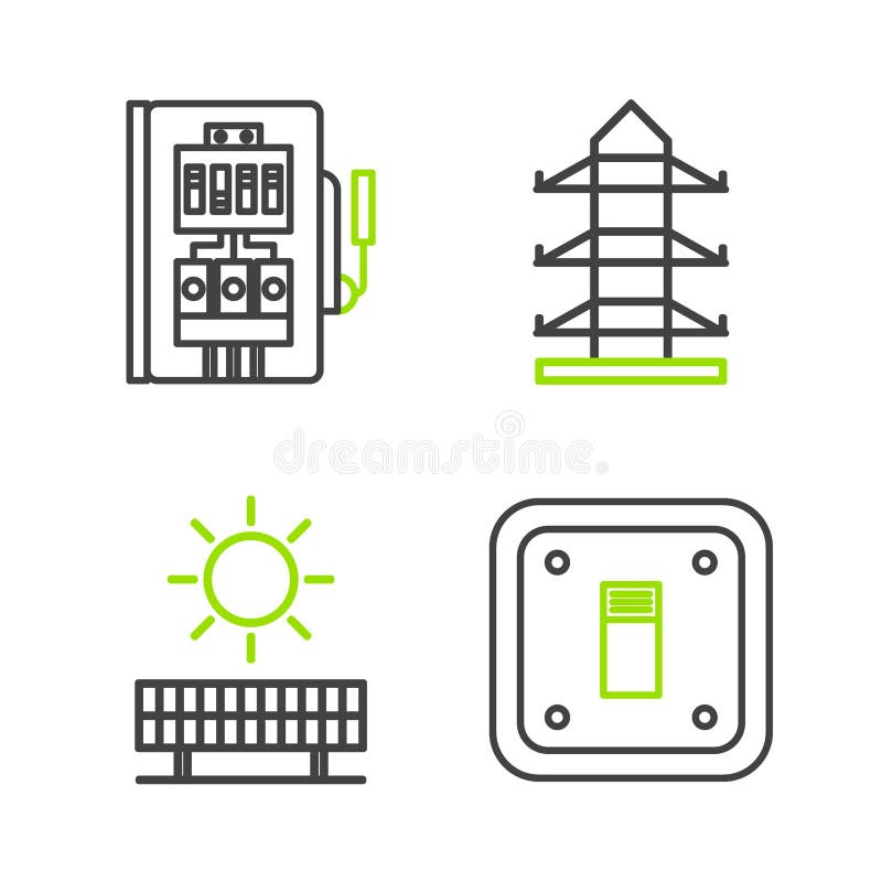 Set Line Electric Light Switch, Solar Energy Panel and Sun, High Voltage Power Pole Line and ...