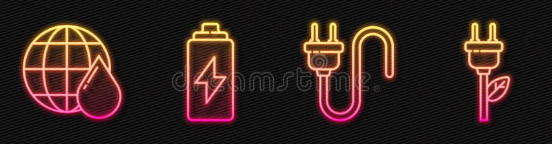 Set Line Electric Plug, Earth Planet in Water Drop, Battery and ...