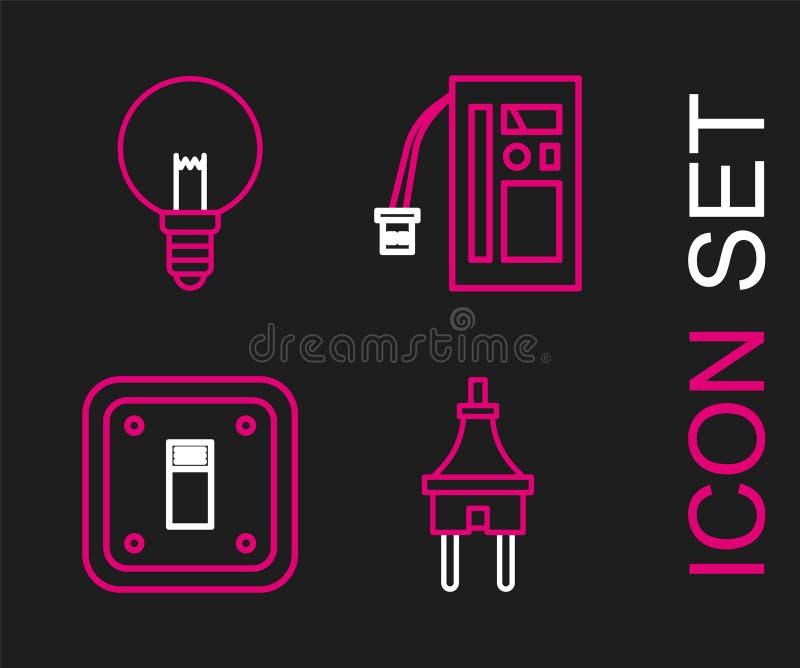 Set Line Electric Plug, Light Switch, Battery and Light Bulb Icon ...
