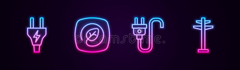 Set Line Electric Plug, Location with Leaf, and Tower. Glowing Neon ...