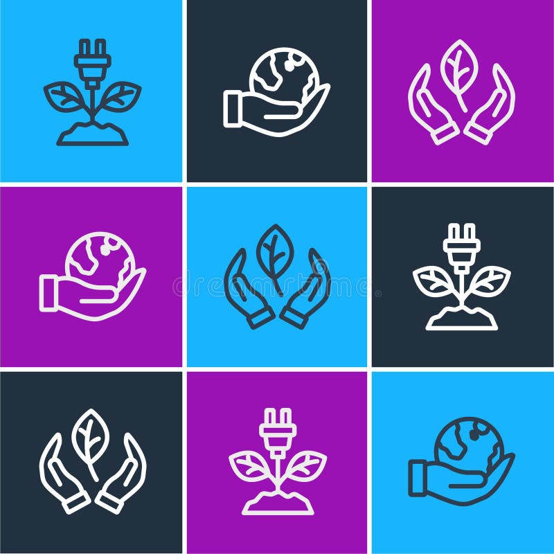 Set Line Electric Saving Plug in Leaf, Leaf Hand and Hand Holding Earth ...