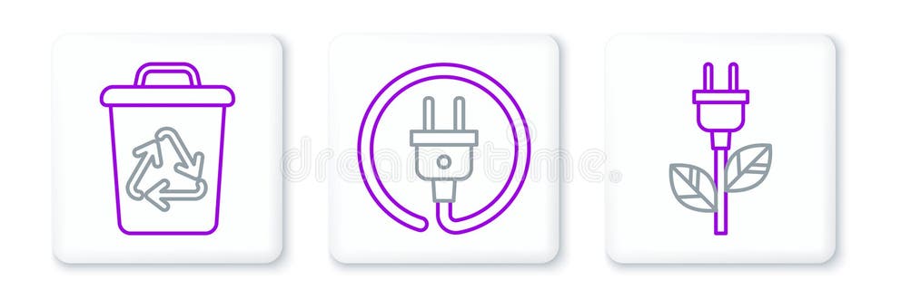 Set Line Electric Saving Plug in Leaf, Recycle Bin with Recycle Symbol ...