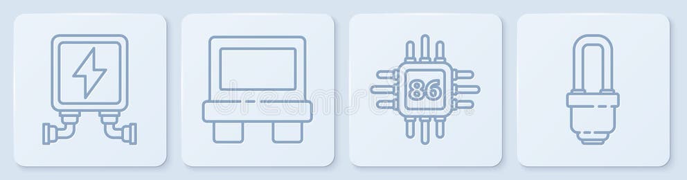 Set Line Electric Transformer, Processor with Microcircuits CPU, Fuse and LED Light Bulb. White ...