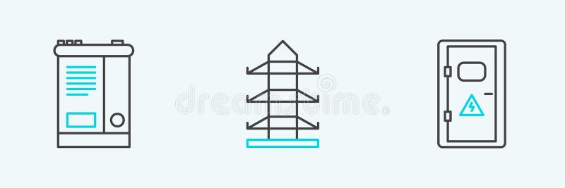 Set Line Electrical Cabinet, Car Battery and High Voltage Power Pole ...