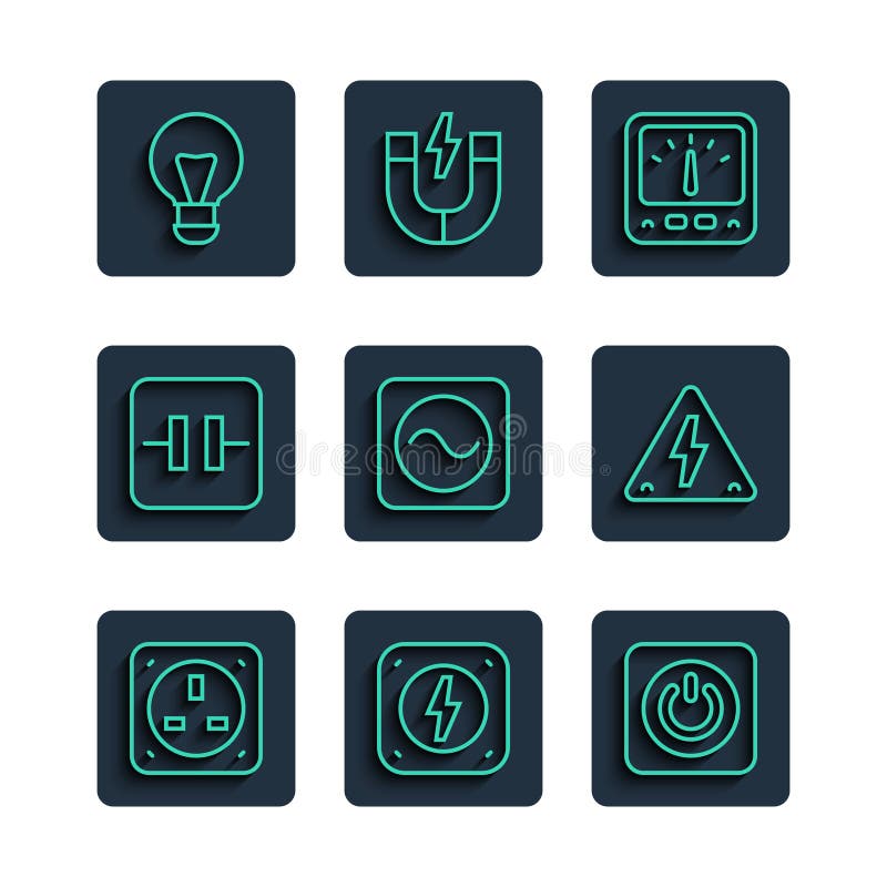 Set Line Electrical Outlet, Lightning Bolt, Power Button, Ampere Meter ...