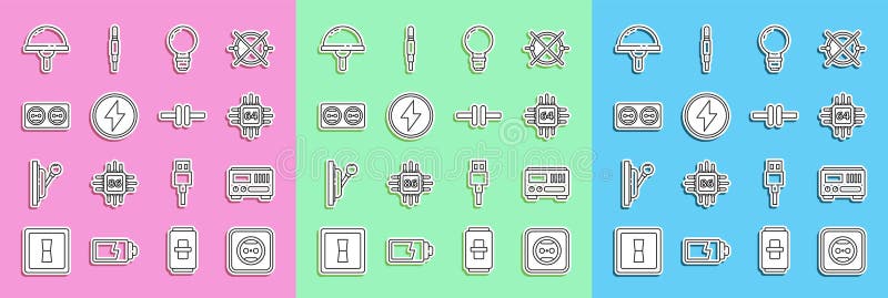 Set Line Electrical Outlet, Measuring Instruments, Processor with Microcircuits CPU, Light Bulb ...