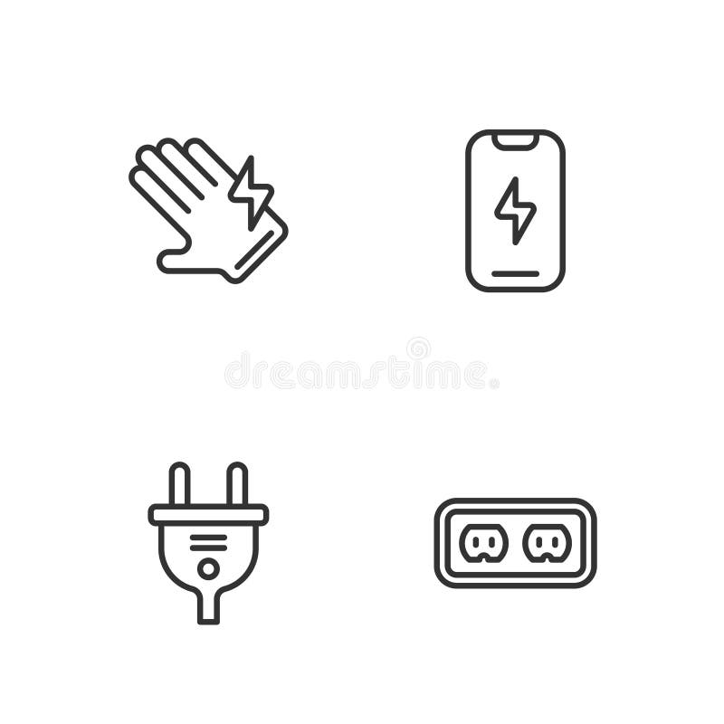 Set Line Electrical Outlet, Plug, Glove and Mobile Phone Icon. Vector ...