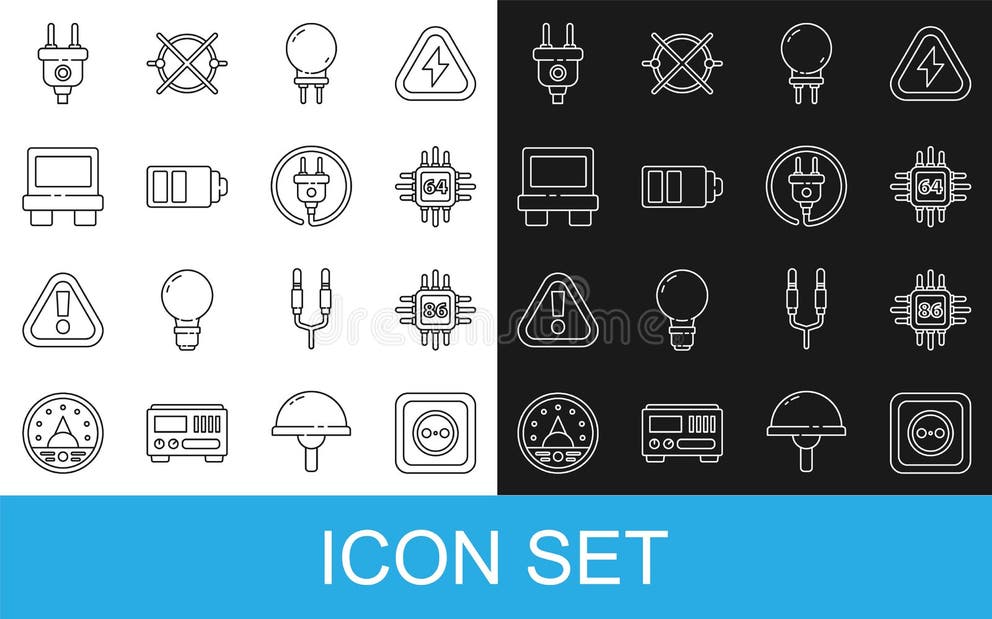 Set Line Electrical Outlet, Processor with Microcircuits CPU, Light Emitting Diode, Battery ...