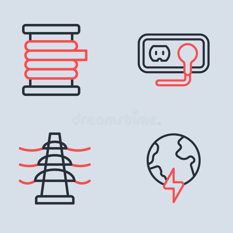 Set Line Electrical Outlet, Tower Line, Global Planet with Thunderbolt ...