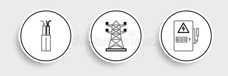 Set Line Electrical Panel, Cable and High Voltage Power Pole Line Icon ...