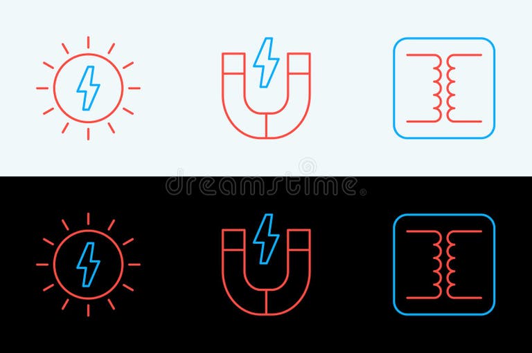 Set Line Electrical Transformer, Solar Energy Panel and Magnet Icon ...
