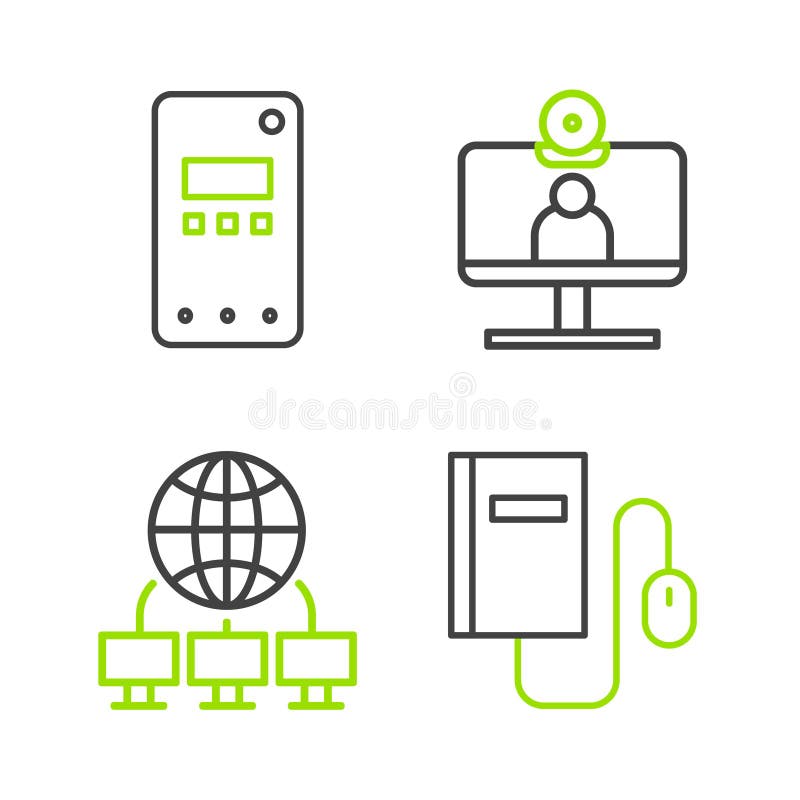 Set Line Electronic Book with Mouse, Computer Network, Video Chat ...