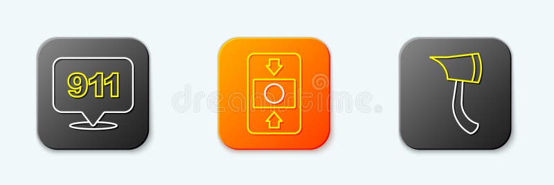 Set Line Emergency Call 911, Fire Alarm System and Firefighter Axe Icon ...