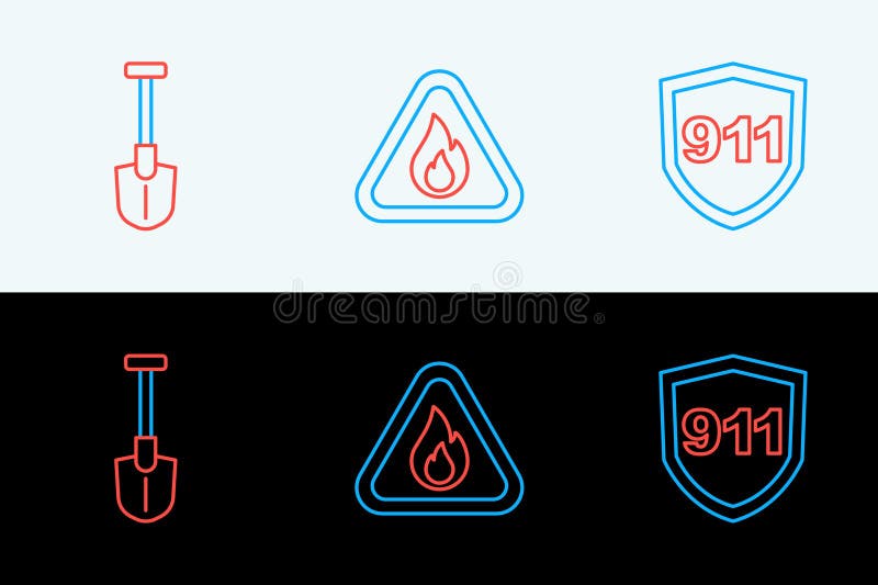 Set Line Emergency Call 911, Fire Shovel and Flame in Triangle Icon ...