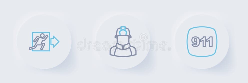 Set Line Emergency Call 911, Firefighter and Exit Icon. Vector Stock ...