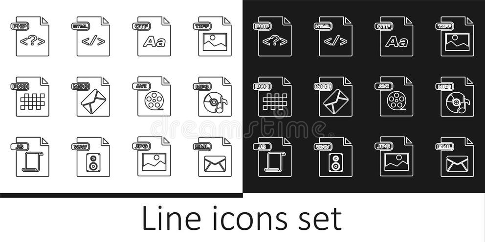 Set Line EML File Document, MP3, OTF, MSG, PNG, PHP, AVI and HTML Icon. Vector Stock Vector ...