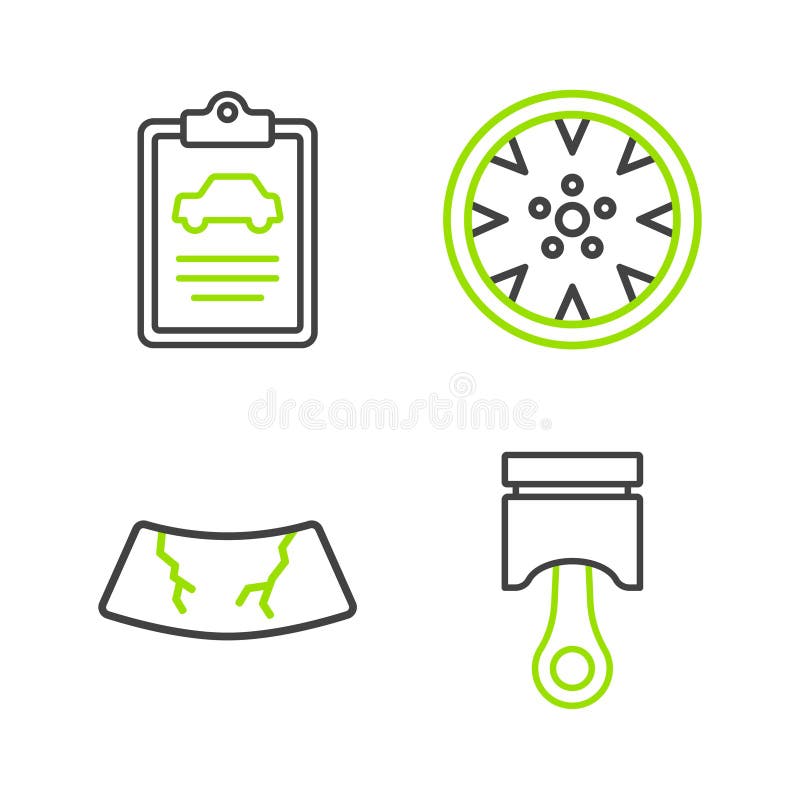 Set Line Engine Piston, Broken Windshield, Alloy Wheel and Car ...