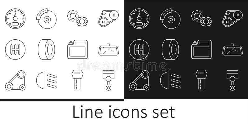 Set Line Engine Piston, Car Mirror, Gear, Tire, Shifter, Speedometer ... Set Line Engine Piston, Car Mirror, Gear, Tire, Shifter, Speedometer ...