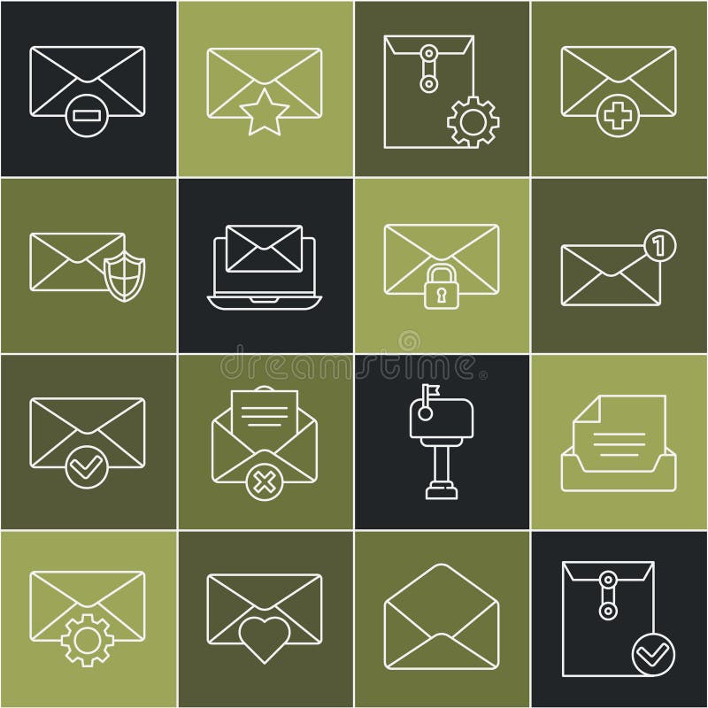 Set Line Envelope and Check Mark, Drawer with Document, Setting, Laptop ... Set Line Envelope and Check Mark, Drawer with Document, Setting, Laptop ...
