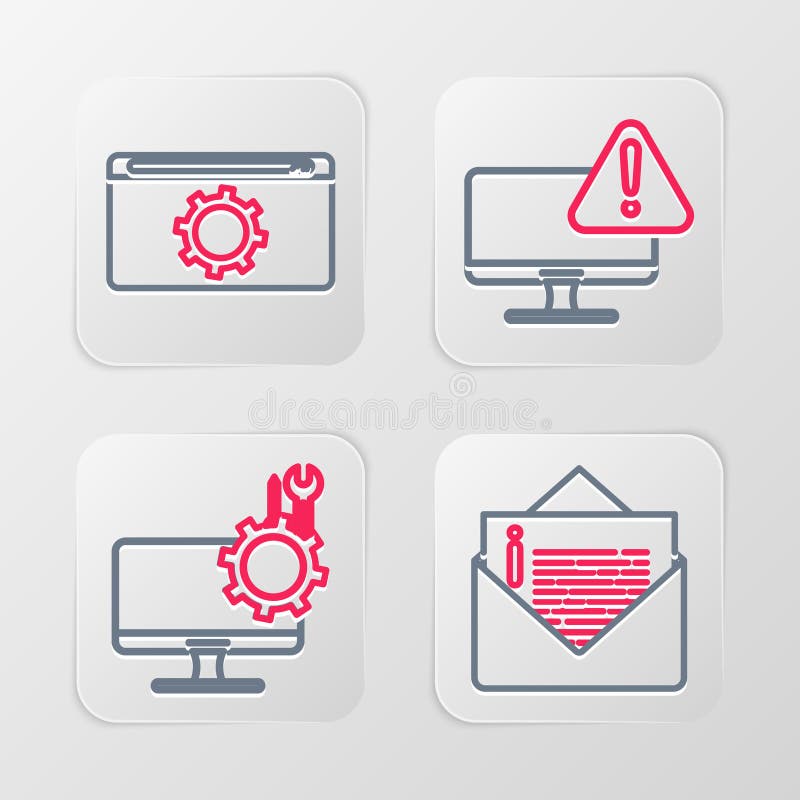 Set Line Envelope, Computer Monitor Service, Monitor with Exclamation ... Set Line Envelope, Computer Monitor Service, Monitor with Exclamation ...