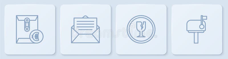 Set Line Envelope with Euro Symbol, Fragile Broken Glass, and Mail Box. White Square Button ...