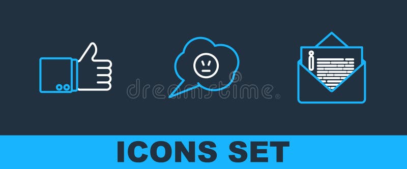 Set Line Envelope, Hand Thumb Up and Speech Bubble with Angry Smile ...