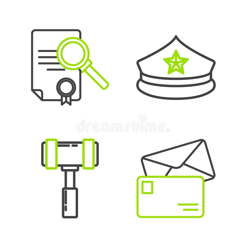 Set Line Envelope, Judge Gavel, Police Cap with Cockade and Document ...