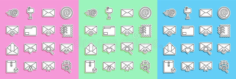 Set Line Envelope with Magnifying Glass, and Check Mark, Postal Stamp ... Set Line Envelope with Magnifying Glass, and Check Mark, Postal Stamp ...
