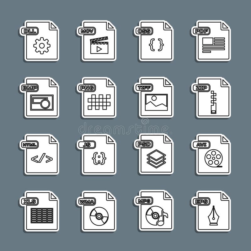 Set Line EPS File Document, AVI, ZIP, CSS, PNG, BMP, DLL and TIFF Icon ... Set Line EPS File Document, AVI, ZIP, CSS, PNG, BMP, DLL and TIFF Icon ...