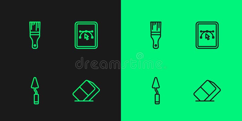 Set Line Eraser or Rubber, Palette Knife, Paint Brush and Computer with ...