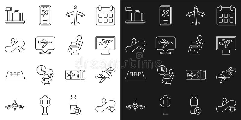 Set Line Escalator Down, Plane, Up, Scale with Suitcase and Human ... Set Line Escalator Down, Plane, Up, Scale with Suitcase and Human ...