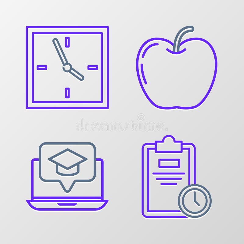 Set Line Exam Sheet with Clock, Graduation Cap on Screen Laptop, Apple ...