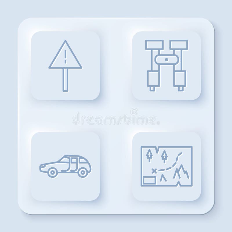 Set Line Exclamation Mark in Triangle, Binoculars, Car and Folded Map ...