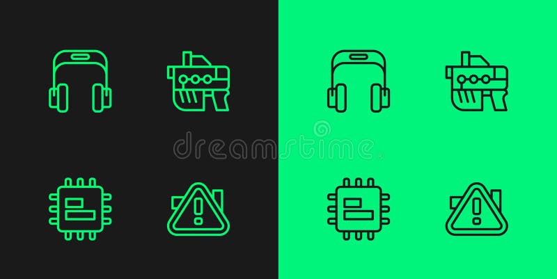 Set Line Exclamation Mark in Triangle, Processor CPU, Headphones and ...