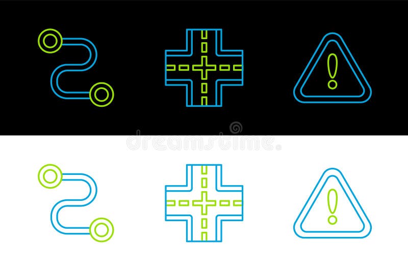 Set Line Exclamation Mark in Triangle, Route Location and Road Traffic ...