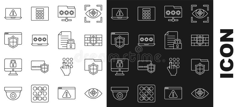 Set Line Eye Scan, Document Folder Protection, Shield with Brick Wall ... Set Line Eye Scan, Document Folder Protection, Shield with Brick Wall ...