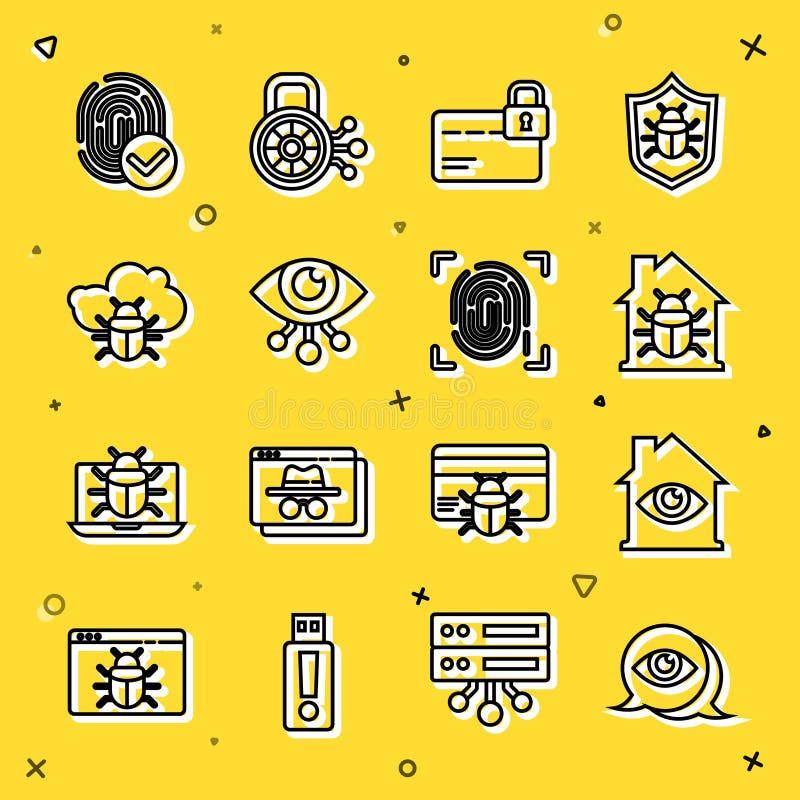 Set Line Eye Scan, House with Eye, System Bug, Credit Card Lock, System ... Set Line Eye Scan, House with Eye, System Bug, Credit Card Lock, System ...