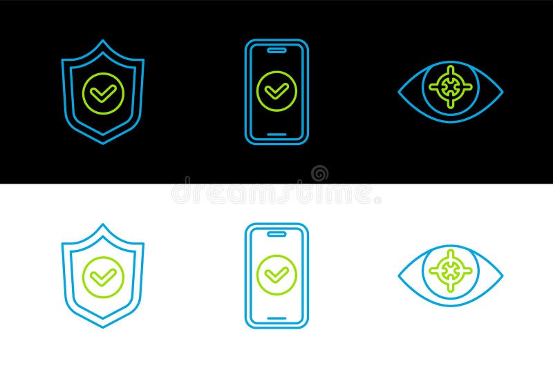 Set Line Eye Scan, Shield with Check Mark and Smartphone Icon. Vector ...