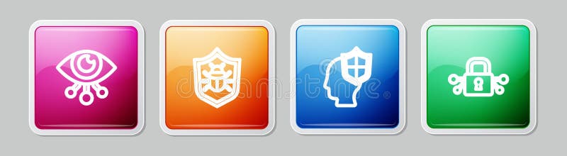 Set Line Eye Scan, System Bug, Head with Shield and Cyber Security ...