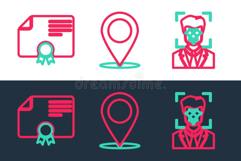 Set Line Face Recognition, Certificate Template and Map Pin Icon ...