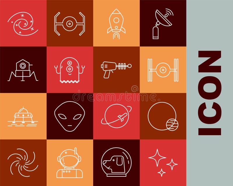 Set Line Falling Star, Planet, Cosmic Ship, Rocket with Fire, Alien ...